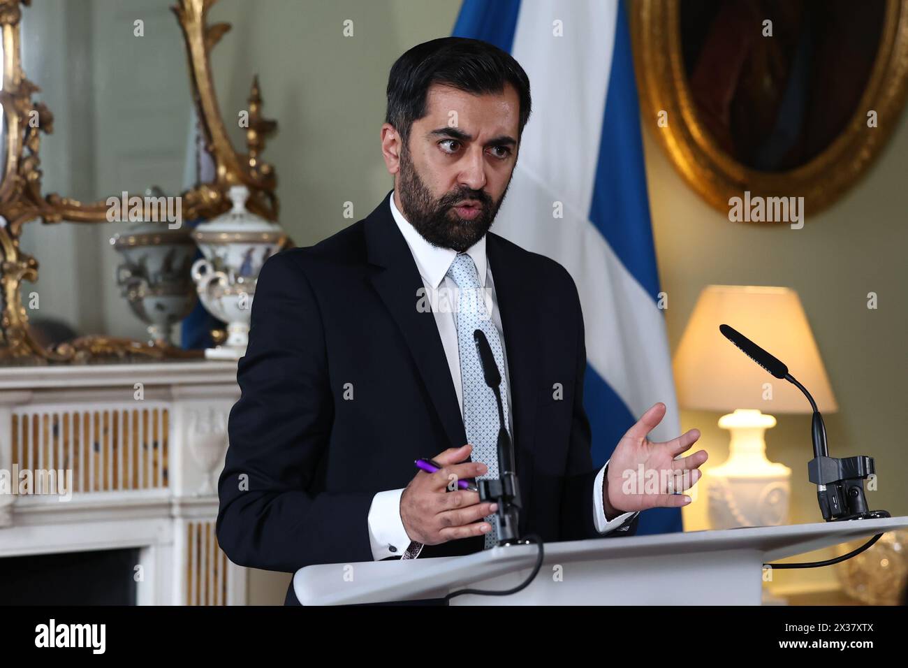 First Minister Humza Yousaf speaks during a press conference at Bute ...