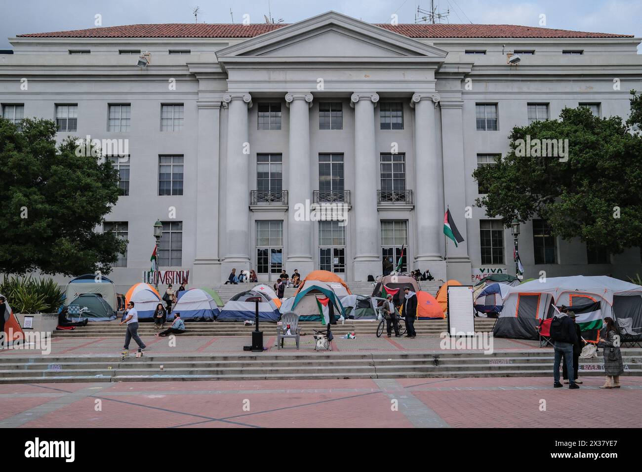Tents are seen outside the Sproul Hall at UC Berkeley. The "Gaza ...