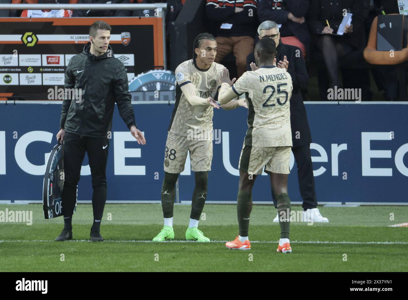 Ethan Mbappe of PSG is replacing Nuno Mendes of PSG during the French ...