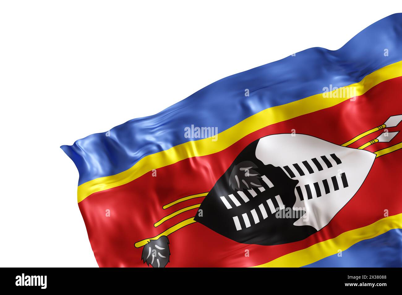 Realistic flag of Eswatini with folds, isolated on white background. Footer, corner design ...