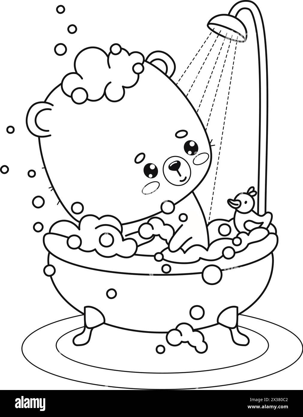 Cute cartoon bear bathes in bath with foam and rubber duck. Outline ...