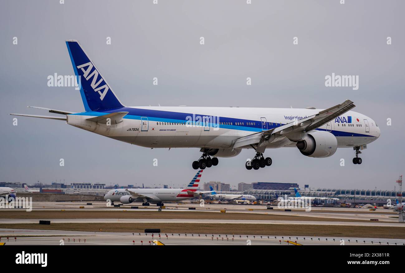 ANA Boeing 777 prepares for landing at Chicago O'Hare International ...