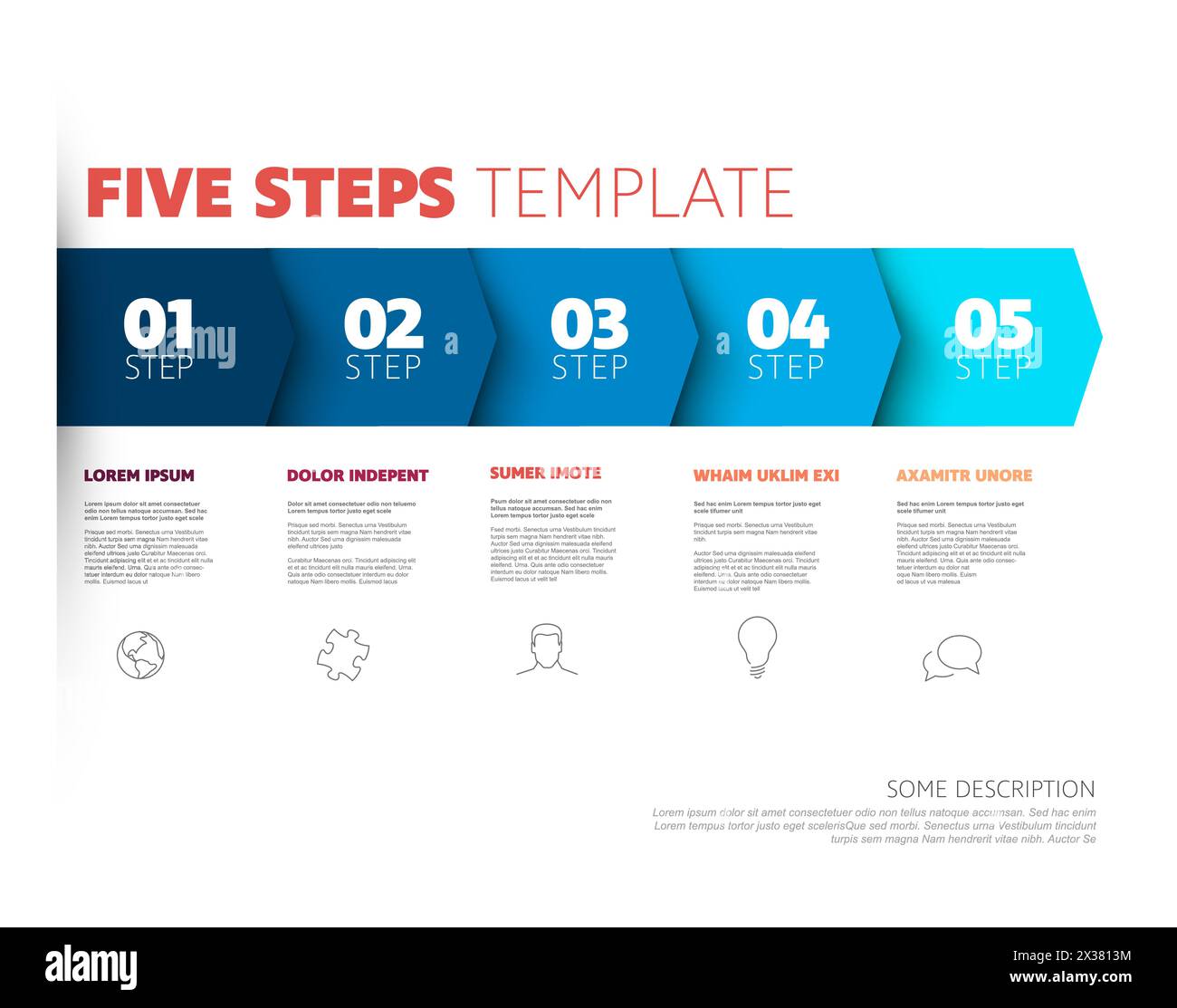 Five blue steps progress procedure infochart template with descriptions ...