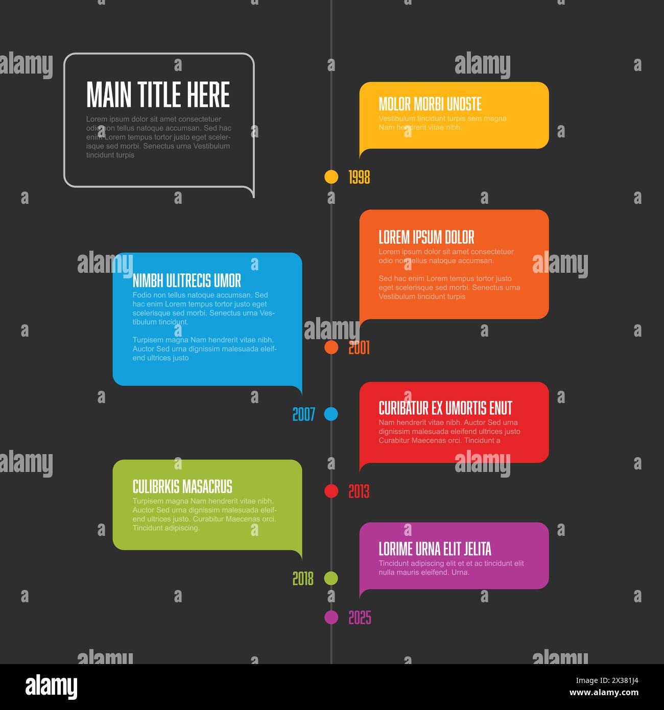 Colorful simple solid color bubbles vertical timeline template on dark ...