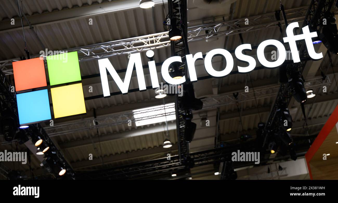 Hanover, Germany. 25th Apr, 2024. A logo hangs on the Microsoft stand ...