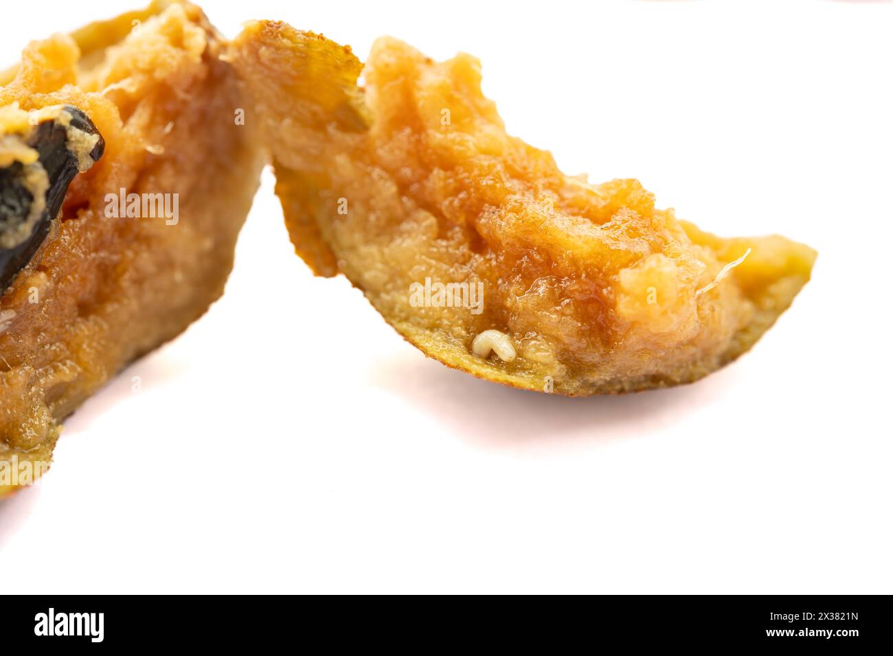 badly rotten fruit with a worm on a white background Stock Photo - Alamy