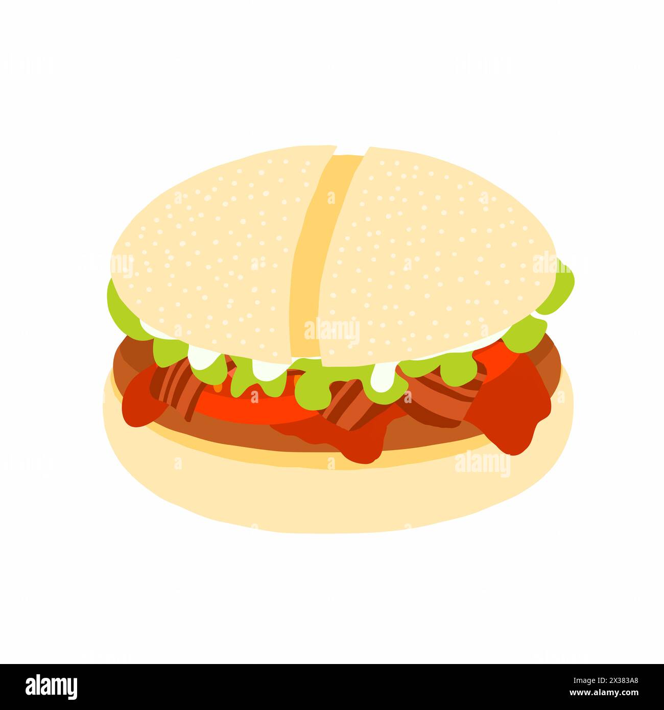 Burger with beef cutlet, cut bacon, ketchup, mayo sauce, fresh tomato ...