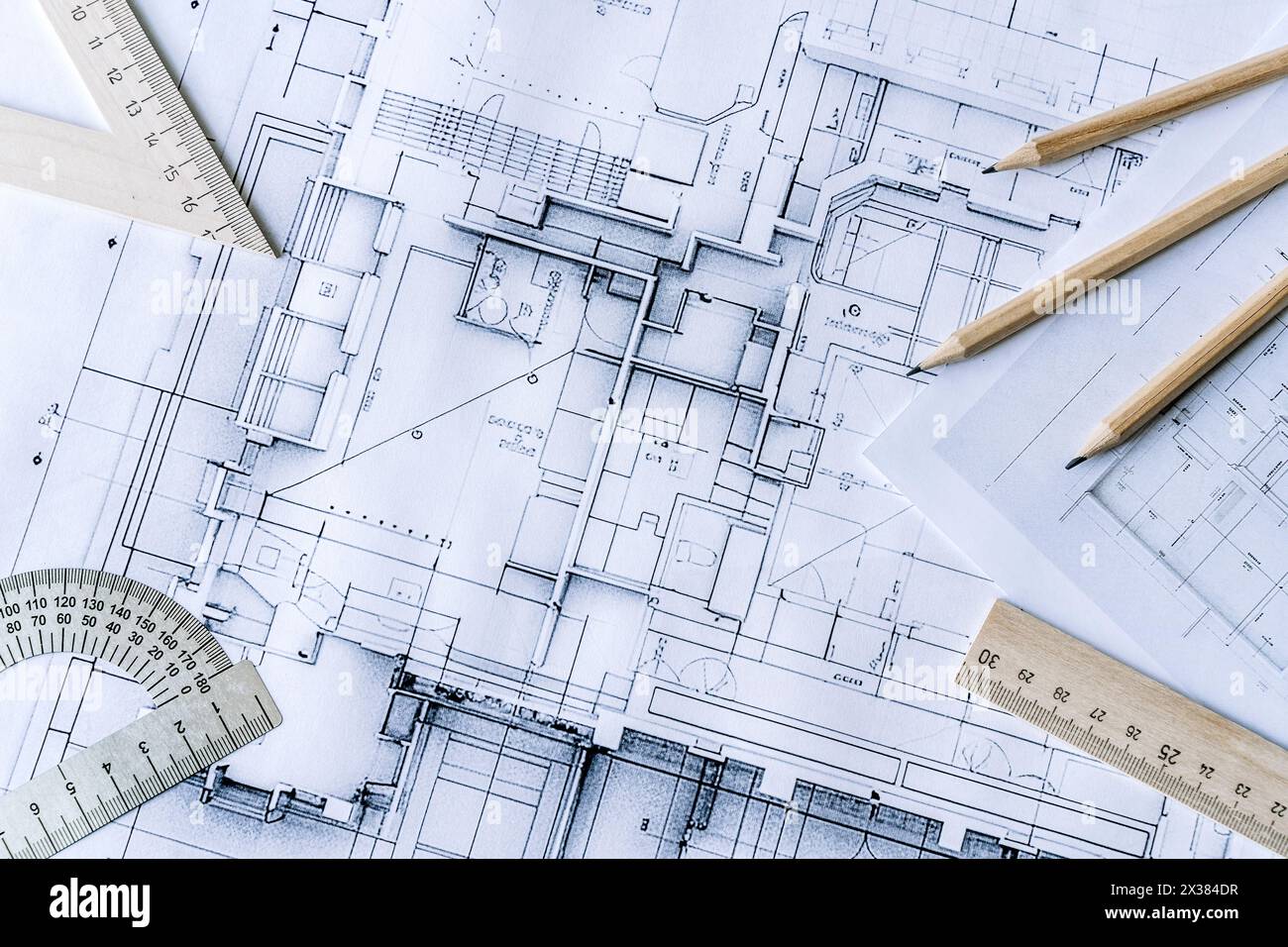 Architectural engineering design plan drawing on the table. Architect's ...