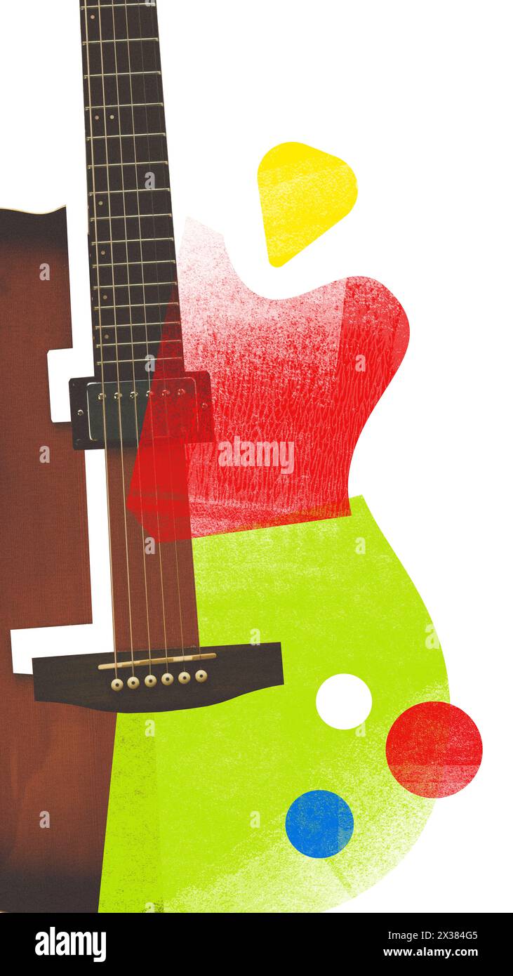 Poster. Contemporary art collage. Acoustic guitar with drawn elements ...