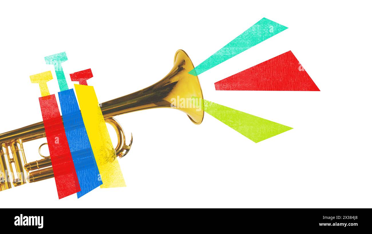 Poster. Contemporary art collage. Trumpet with colorful shapes coming ...