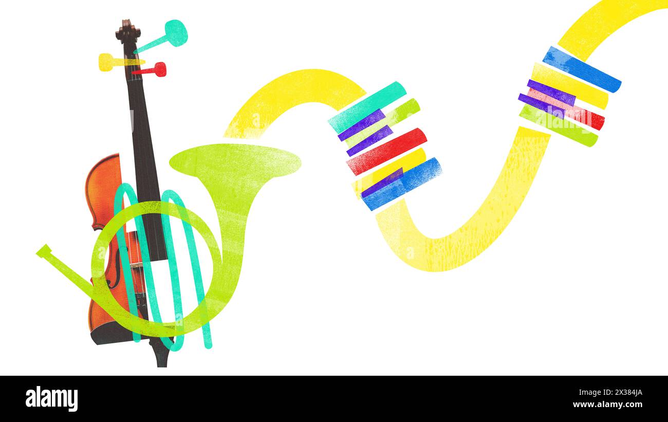 Poster. Contemporary art collage. Colorful artwork of violin and French ...