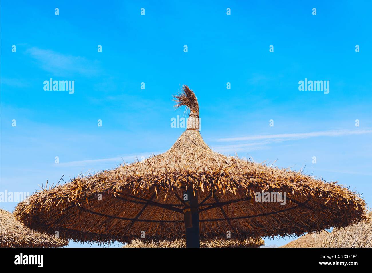 Straw umbrella on the beach with blue sky background. Exotic parasol ...