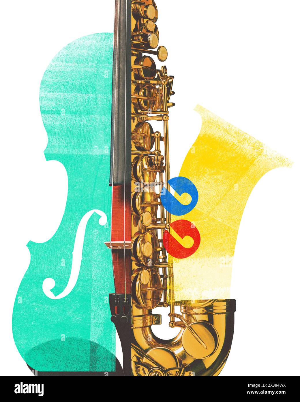 Poster. Contemporary art collage. Sax and violin leaning against each ...
