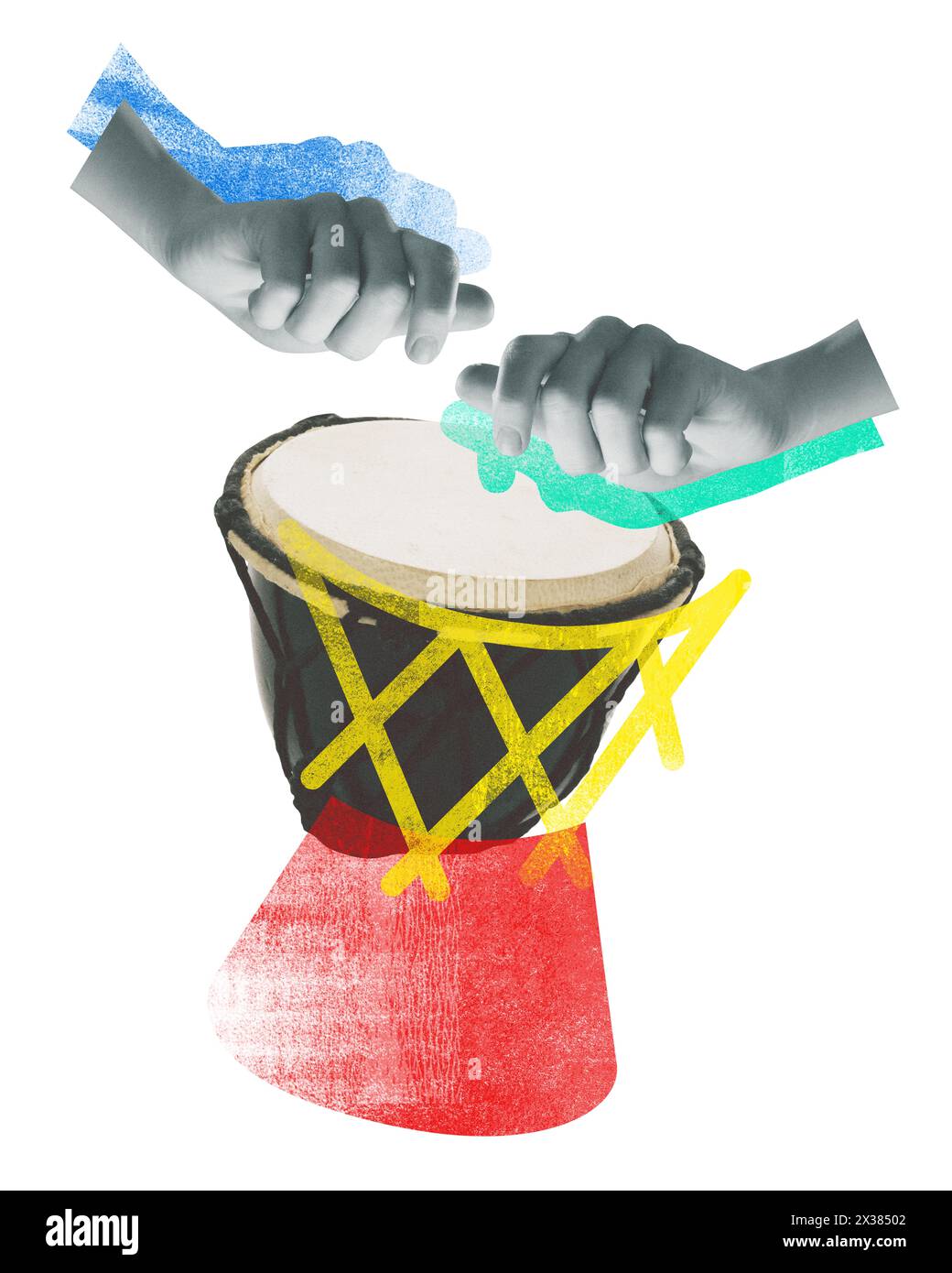 Poster. Contemporary art collage. Hands playing red and yellow drum ...
