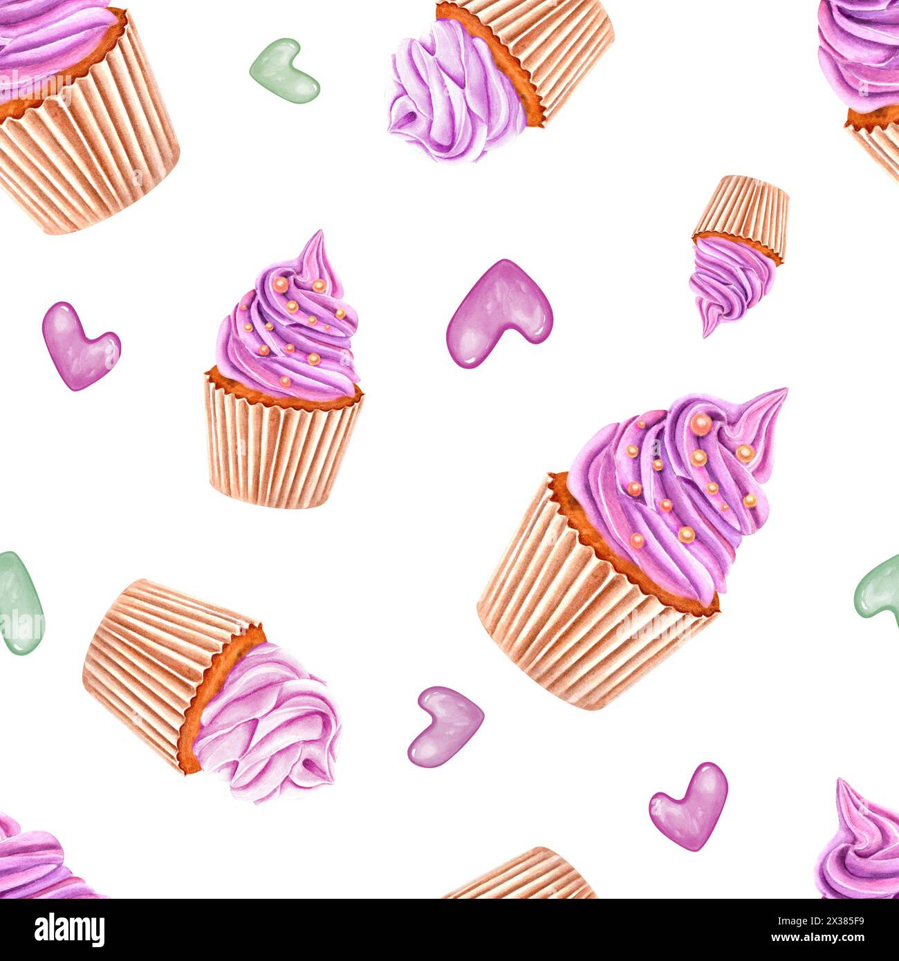 Desserts decorated with pink whipped cream and sweet sprinkles. Muffins ...