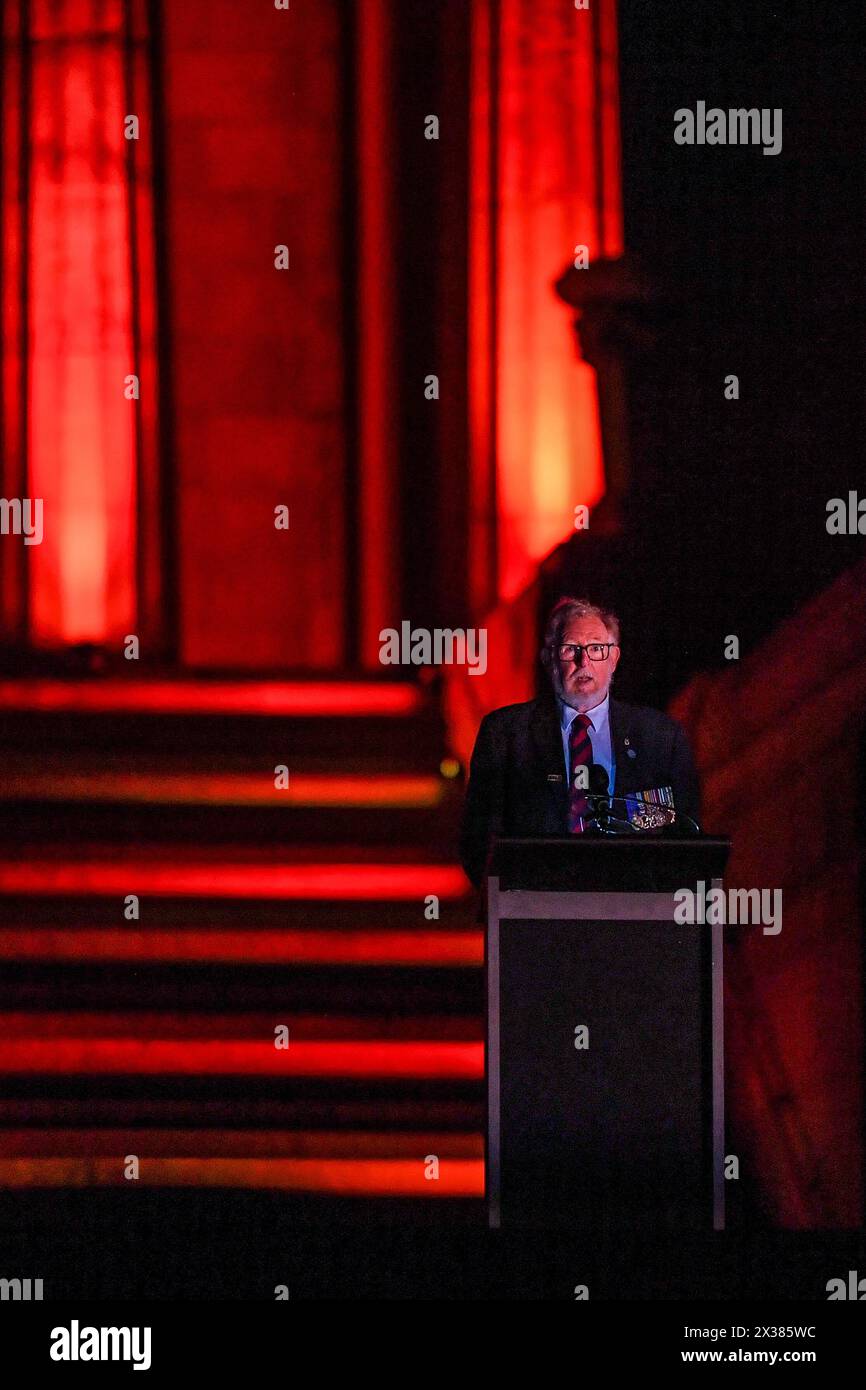 Dr Robert Webster OAM - President of RSL Victoria, speaks during ANZAC ...
