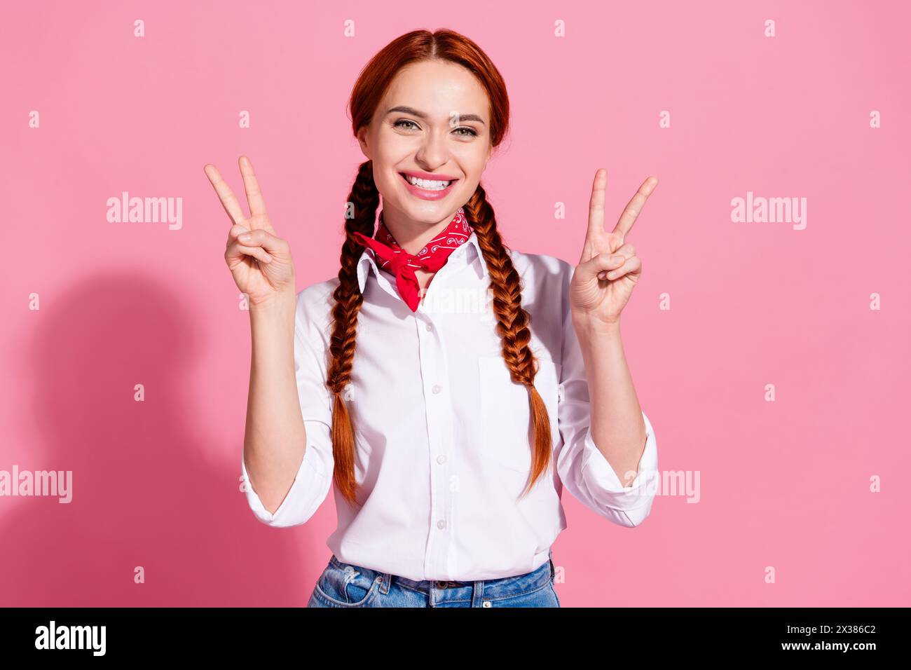 Photo of cheerful lovely cute girl wear white stylish clothes arms ...