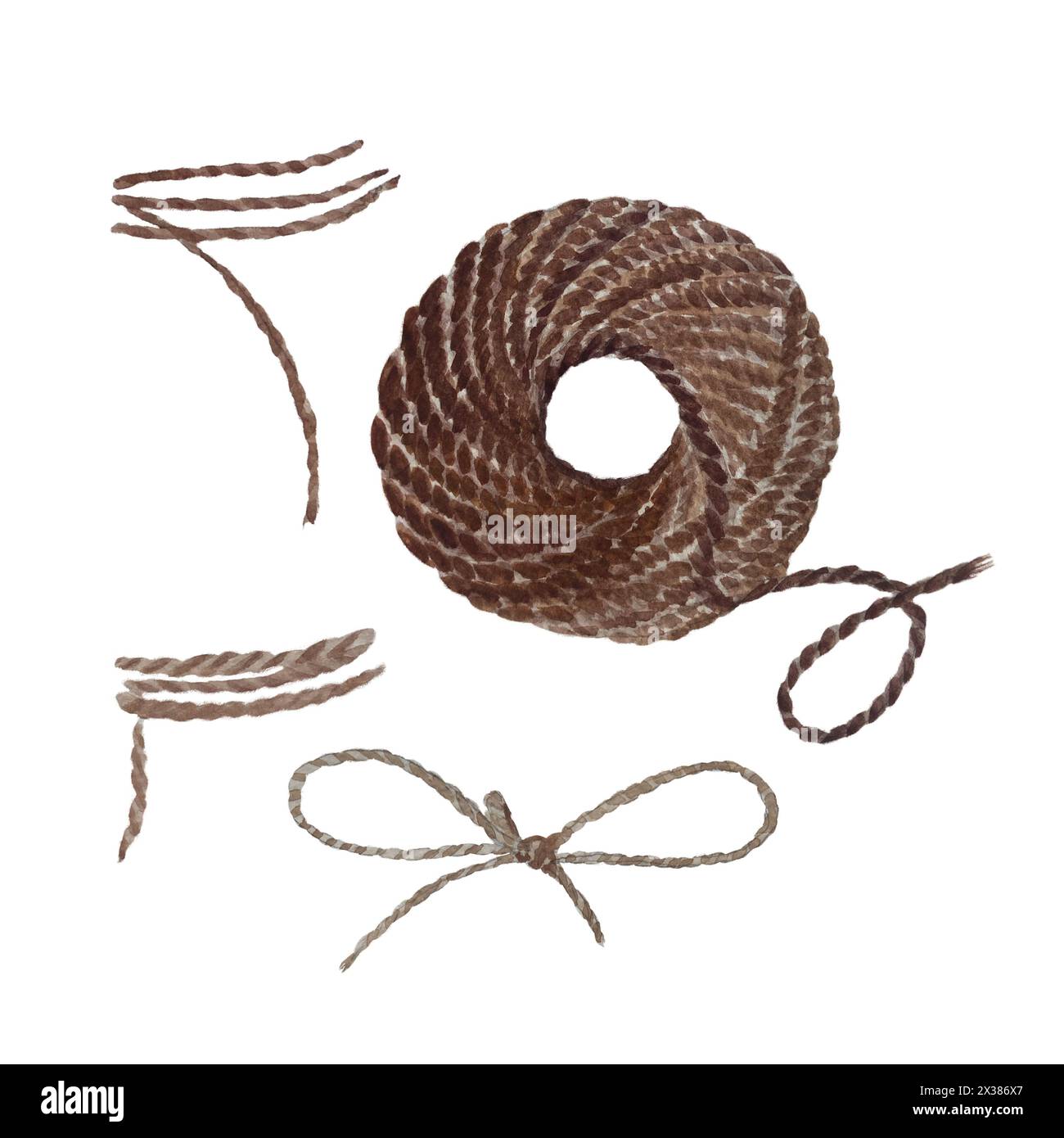 Jute rope set, tied in a ribbon, in a ball, wrapped for bunch of ...
