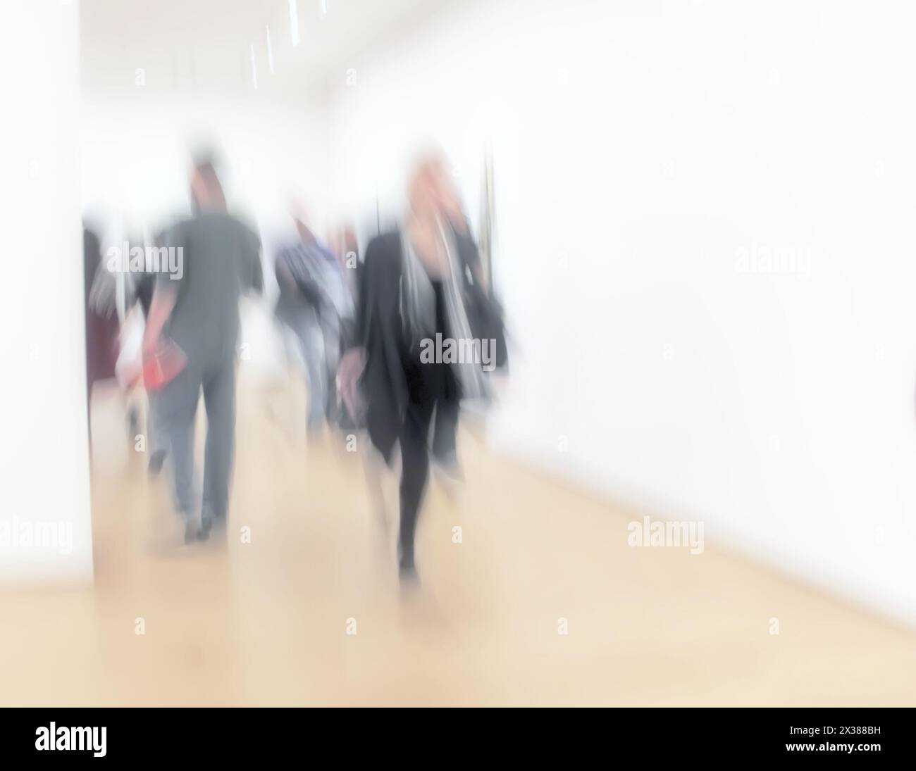 Motion blur, busy gallery and people walking, moving or fast speed for ...