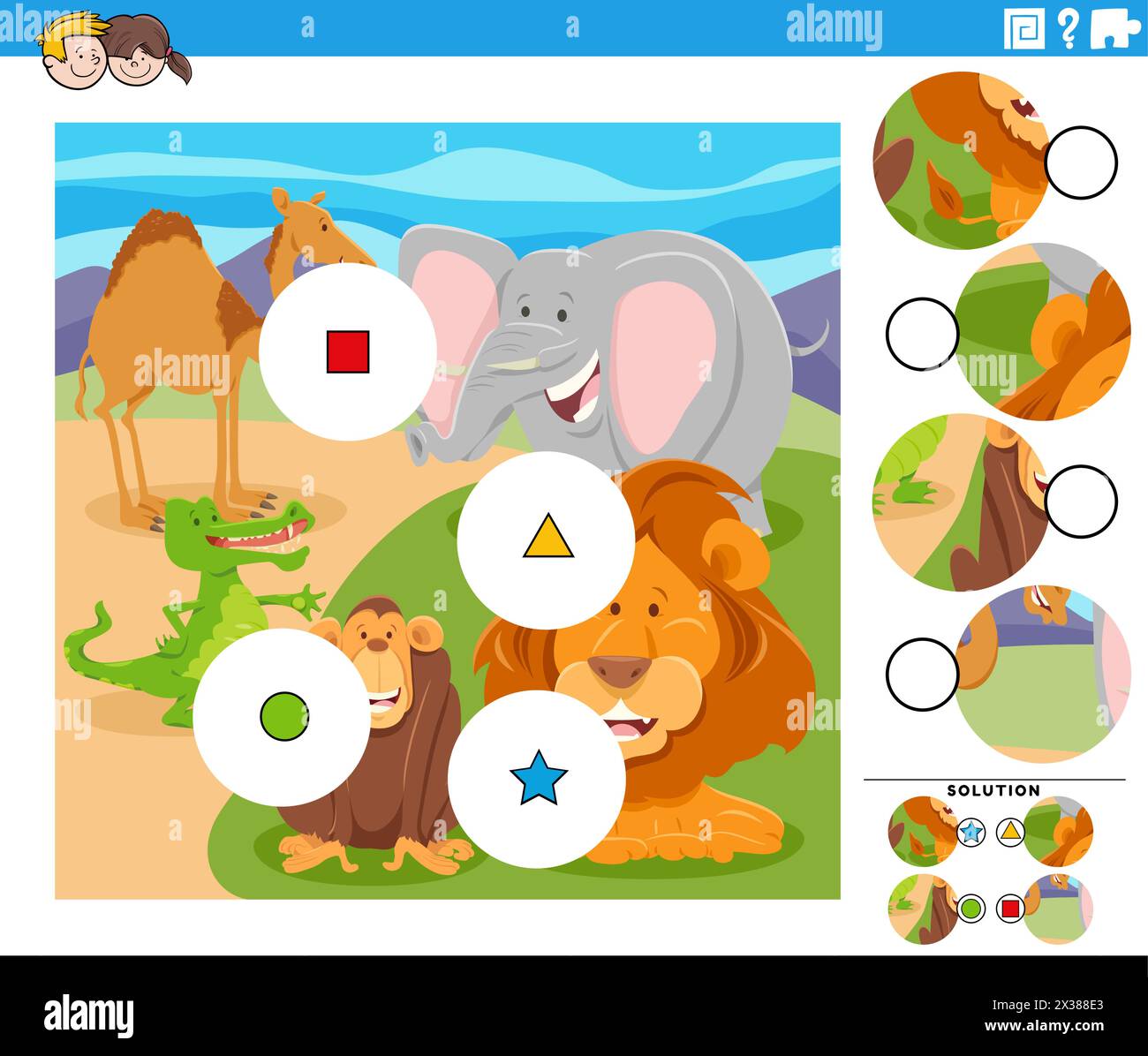 Cartoon illustration of educational match the pieces jigsaw puzzle game ...