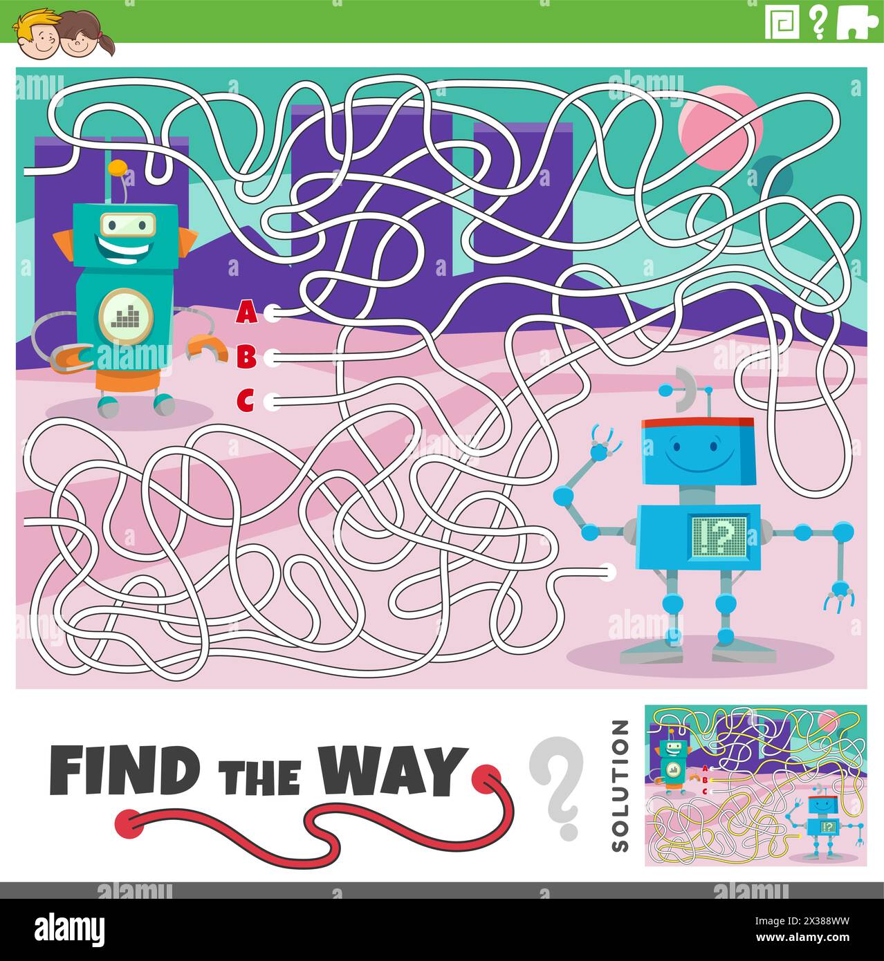 Cartoon illustration of find the way maze puzzle activity with funny robots characters Stock ...