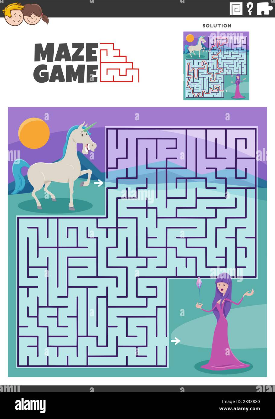 Cartoon illustration of educational maze puzzle game with unicorn and ...