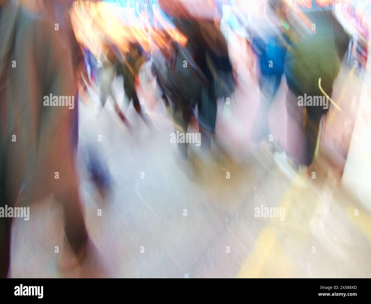People, walking and crowd with motion blur at night of busy street or ...