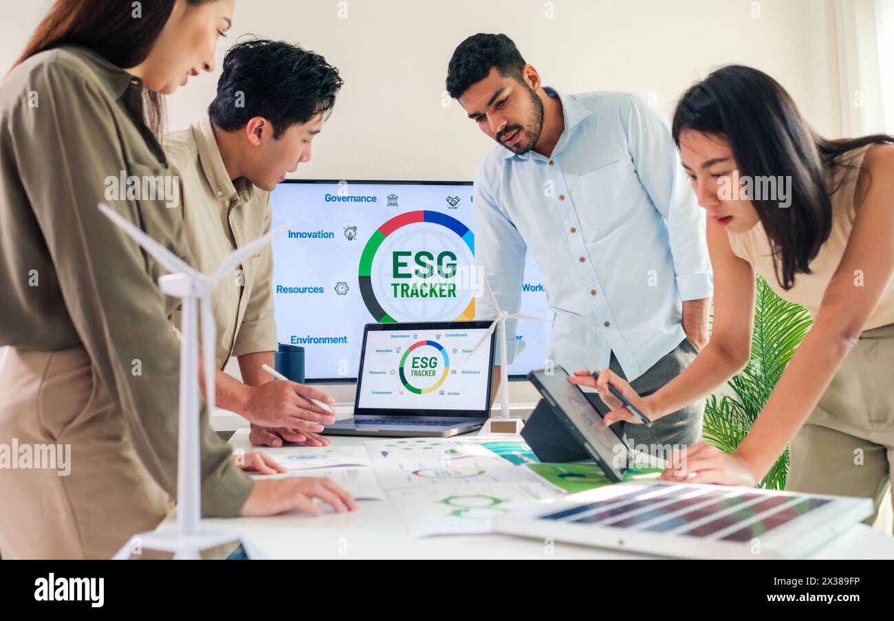 diversity team brainstorming focused on ESG (environment,social,governance) for sdgs goals in a ...