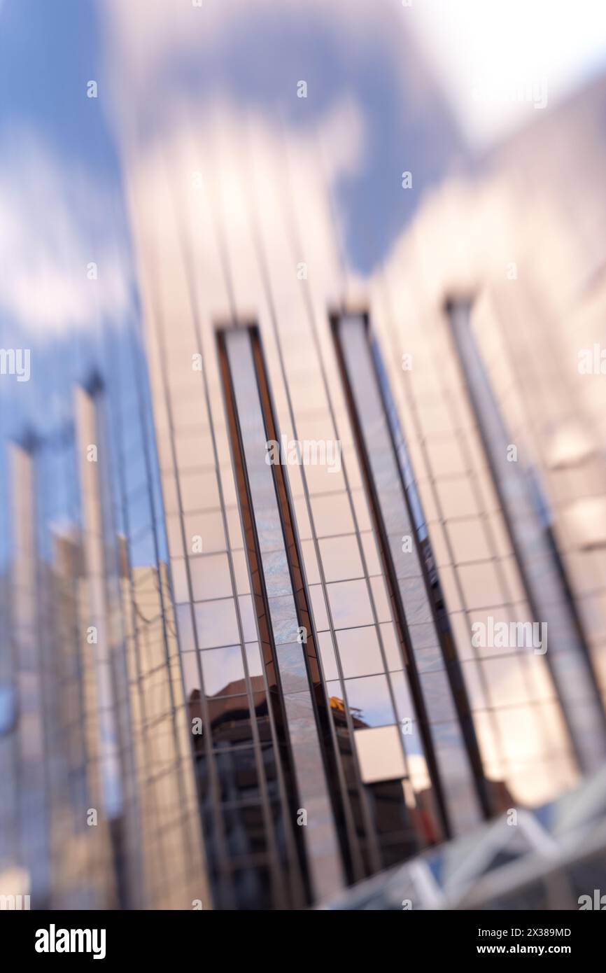 Blurry, skyscraper and window of building in city with reflection of ...