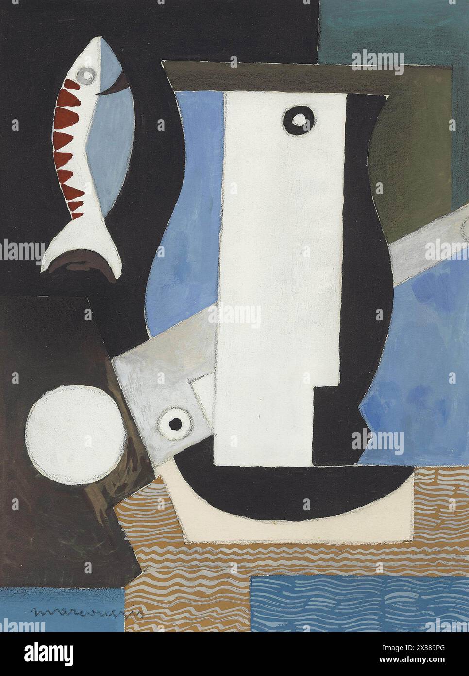 Composition cubiste au portrait, poisson et clair de lune. Signed ...
