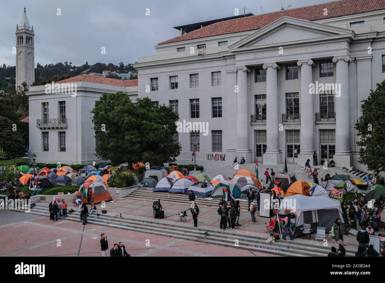 Tents are seen outside the Sproul Hall at UC Berkeley. The "Gaza ...