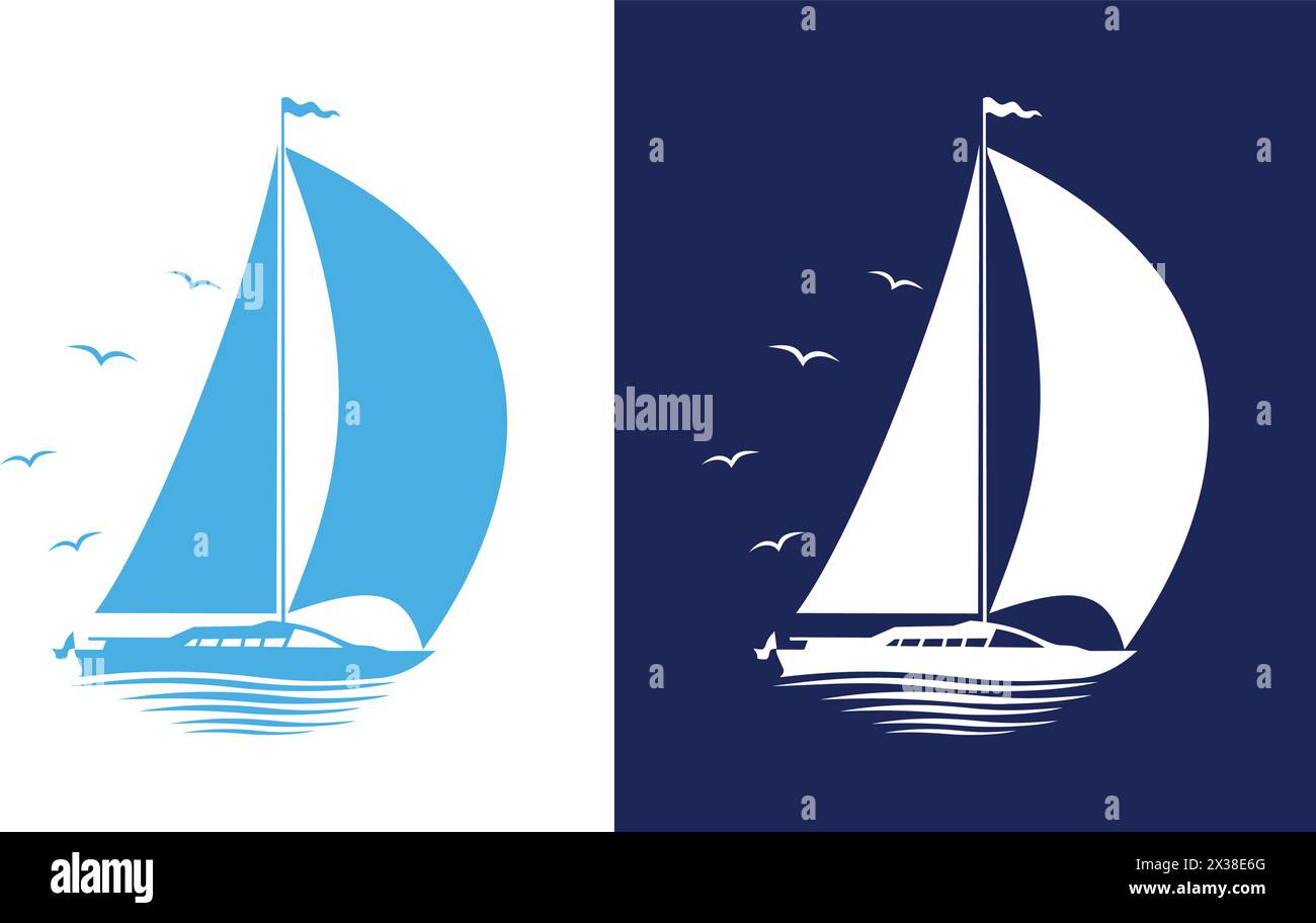 Modern sailing yacht silhouette with gulls. Vector template on ...