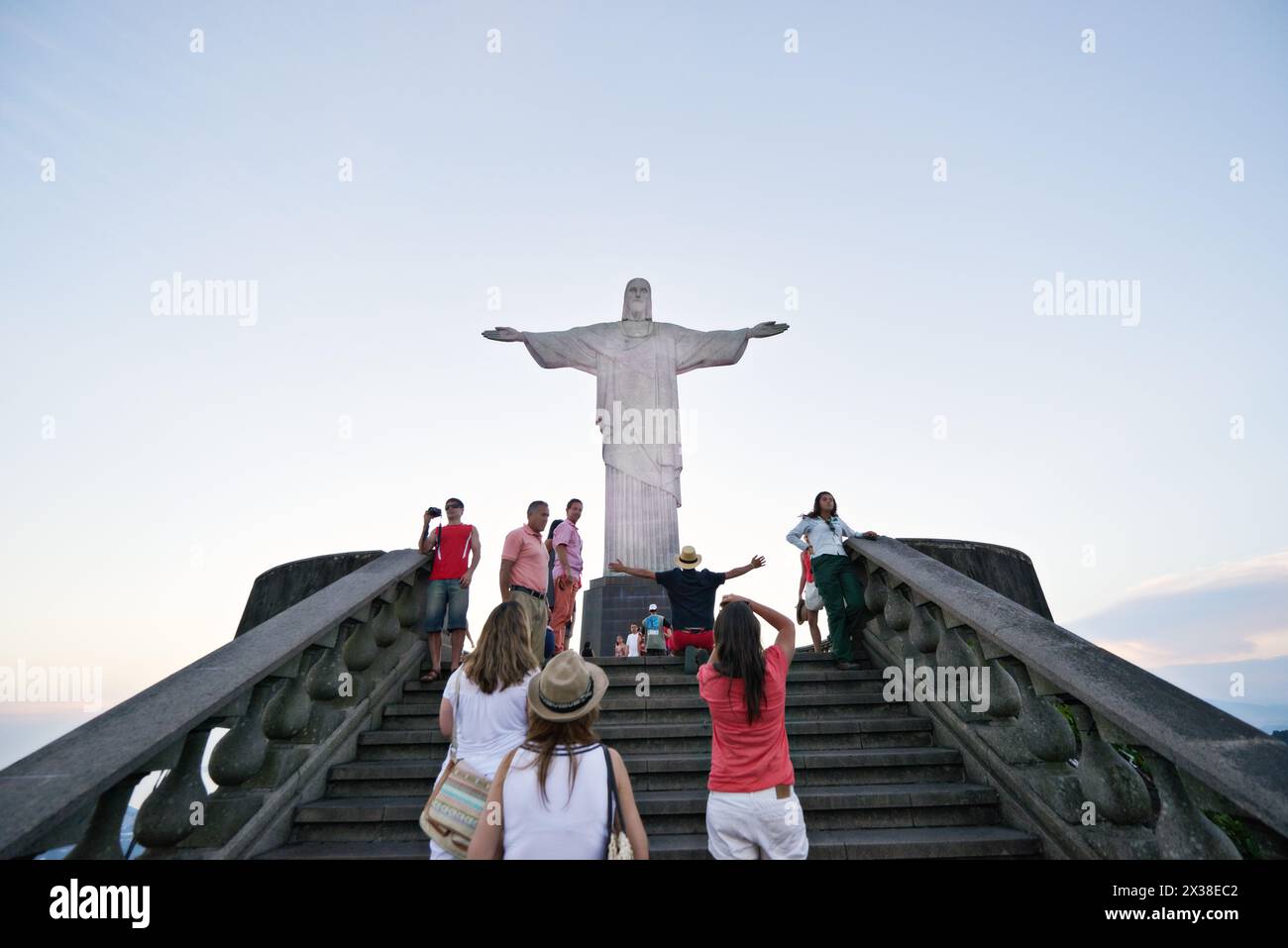 People, christ and steps with statue for tourism in rio de Janeiro of ...