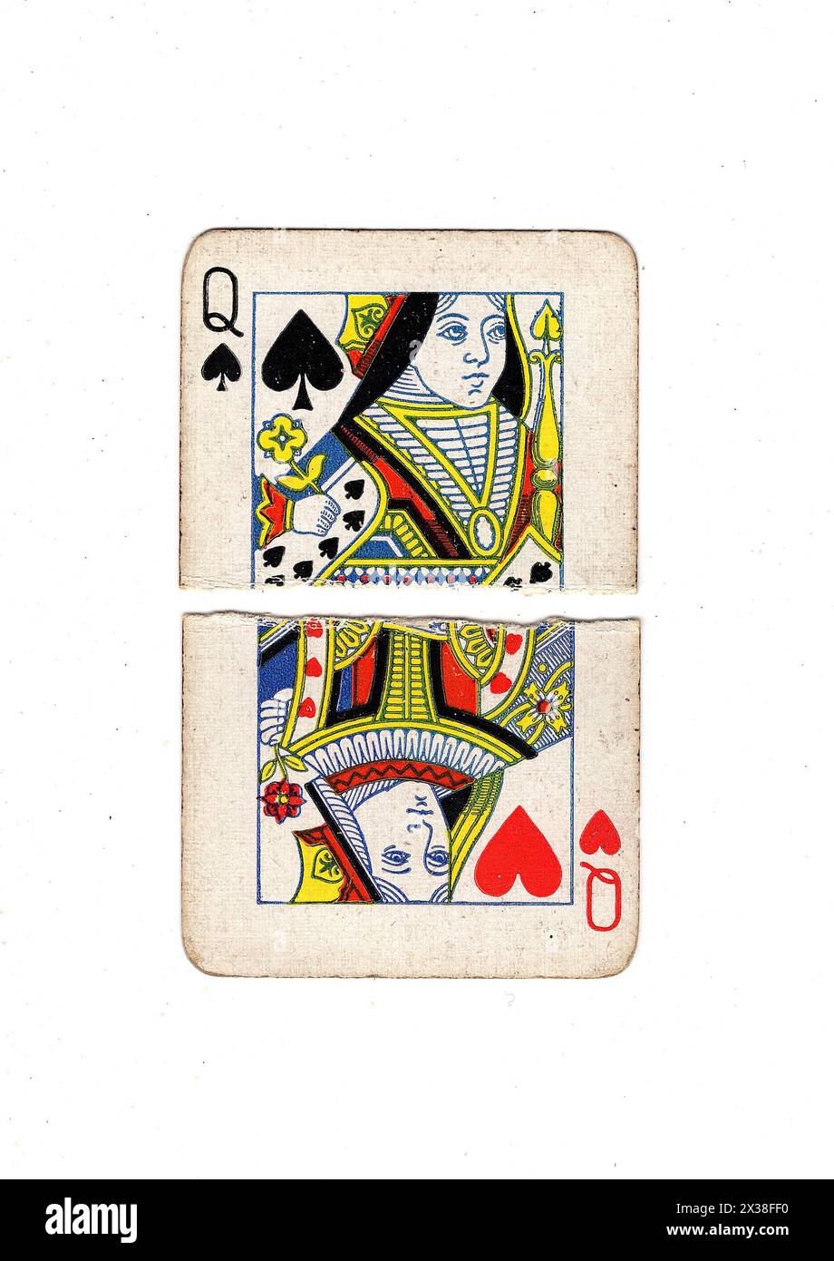 A vintage queen playing card made up of different suits in torn halves ...