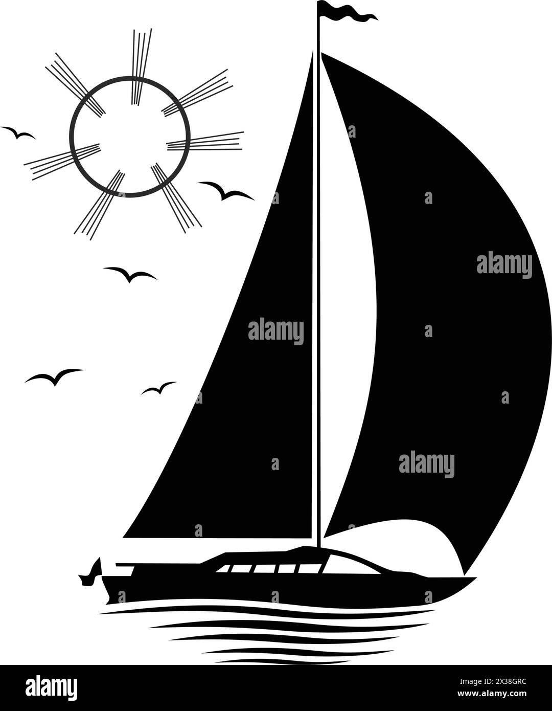 Sailing yacht at sea with waves surrounded by seagulls. Vector on ...