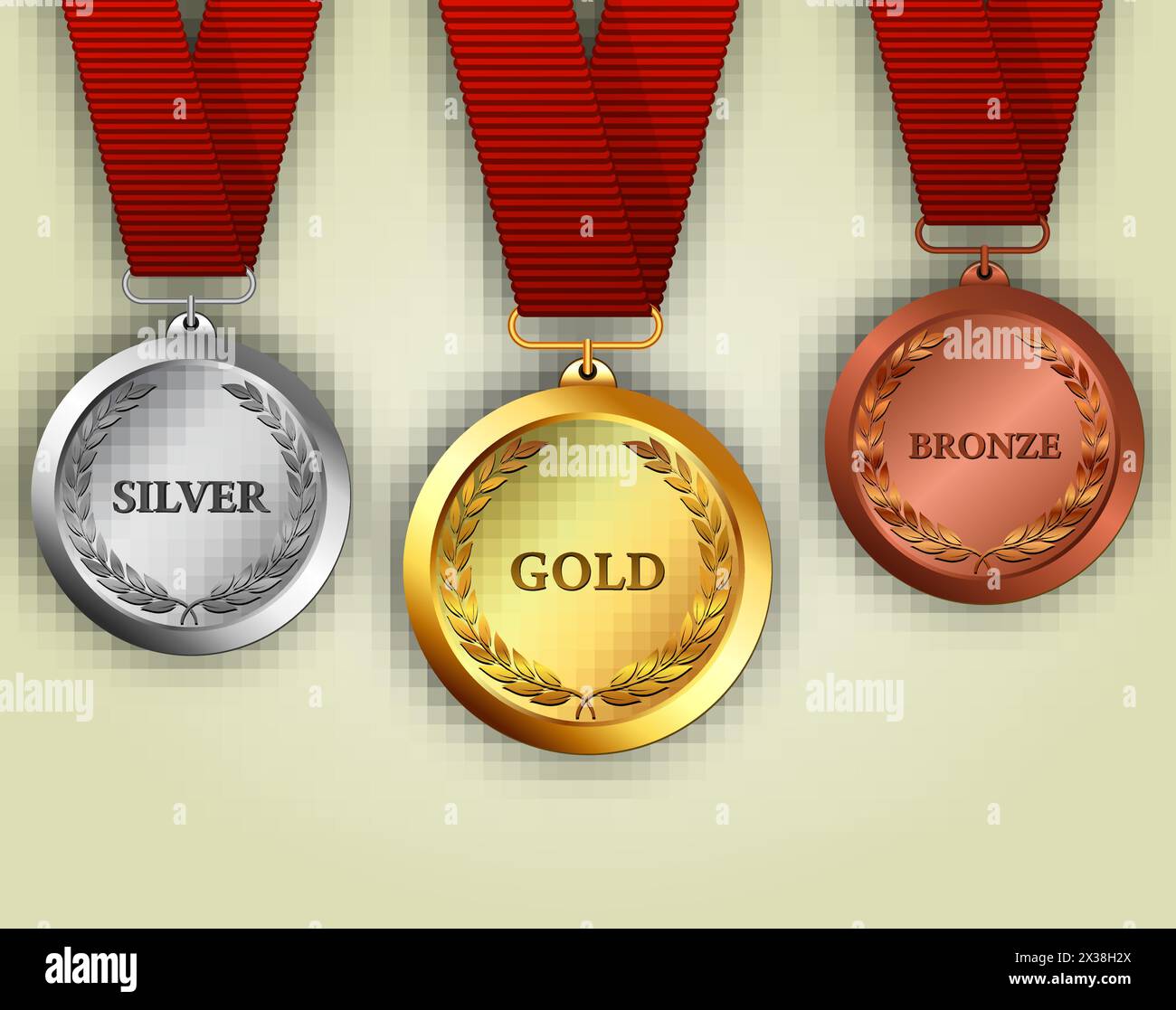 Set of gold, silver and bronze medals on red ribbon with relief detail ...