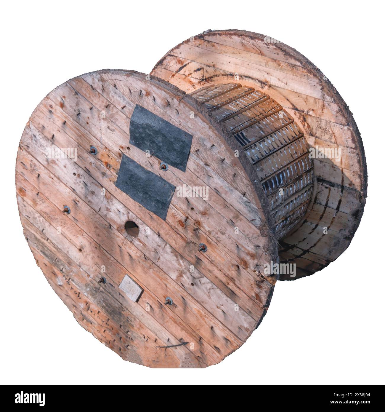 Wooden cable coil isolated on white background close-up Stock Photo - Alamy