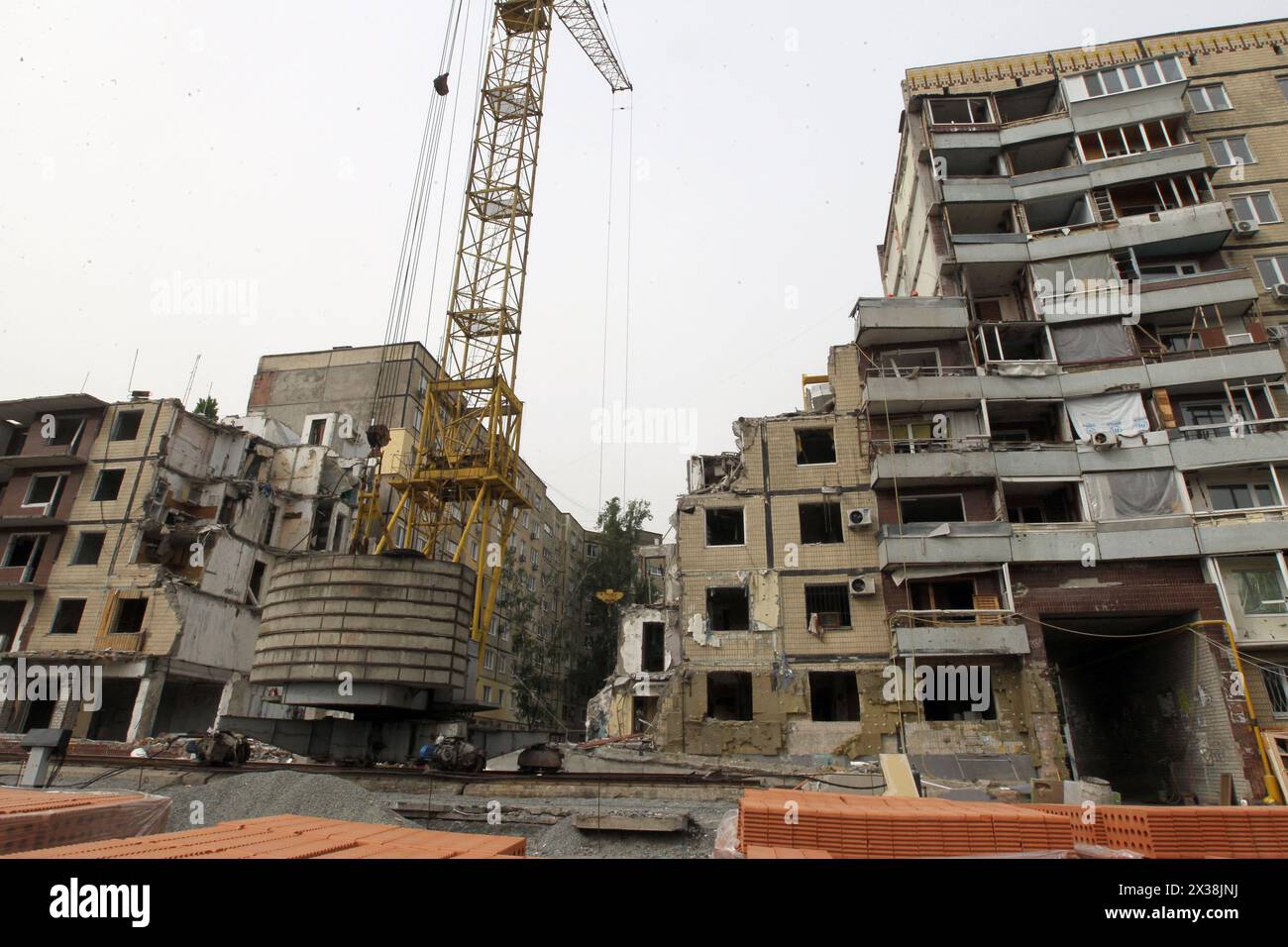 DNIPRO, UKRAINE - APRIL 25, 2024 - A tower crane is pictured during ...