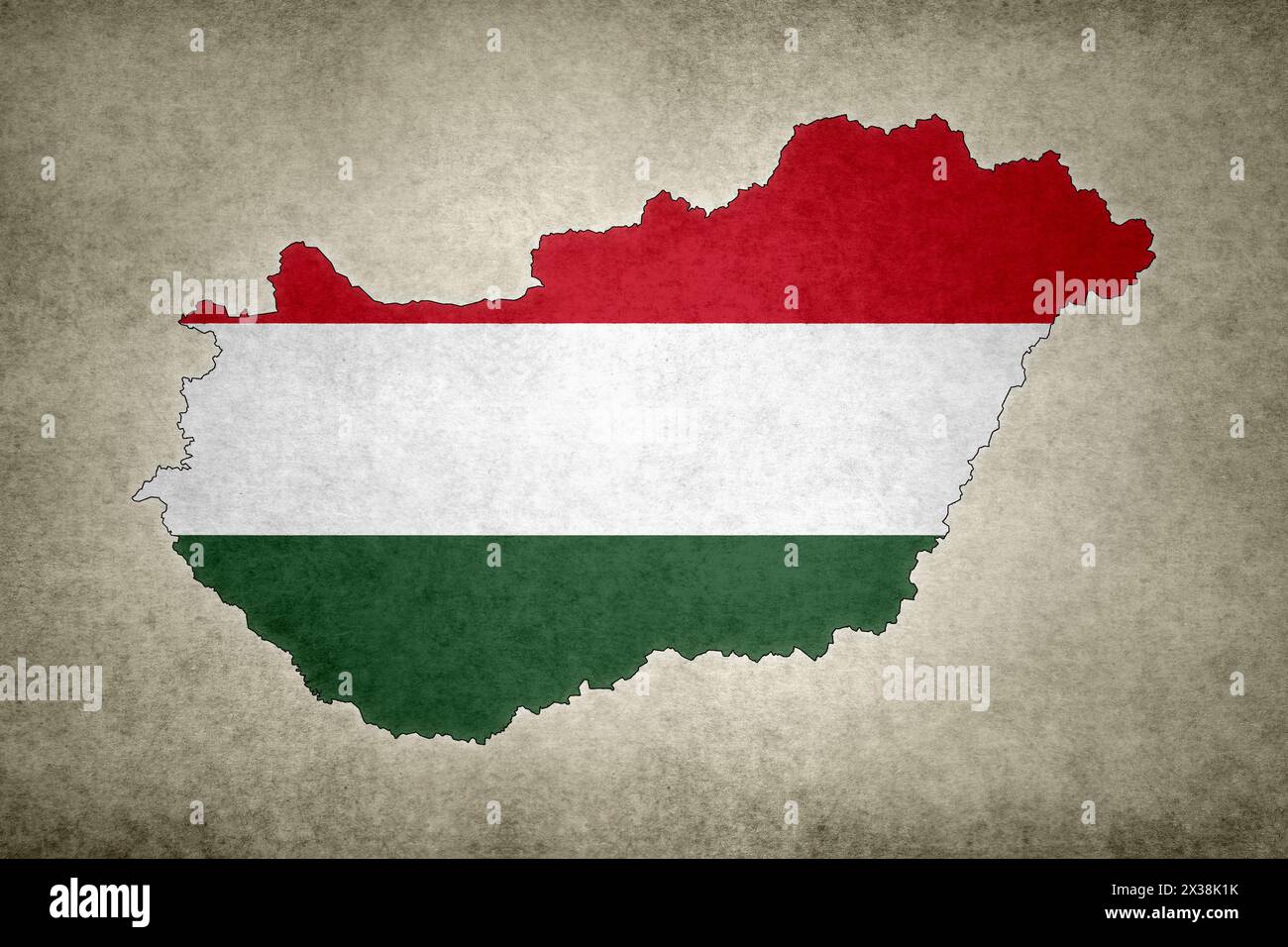 Grunge map of Hungary with its flag printed within its border on an old ...