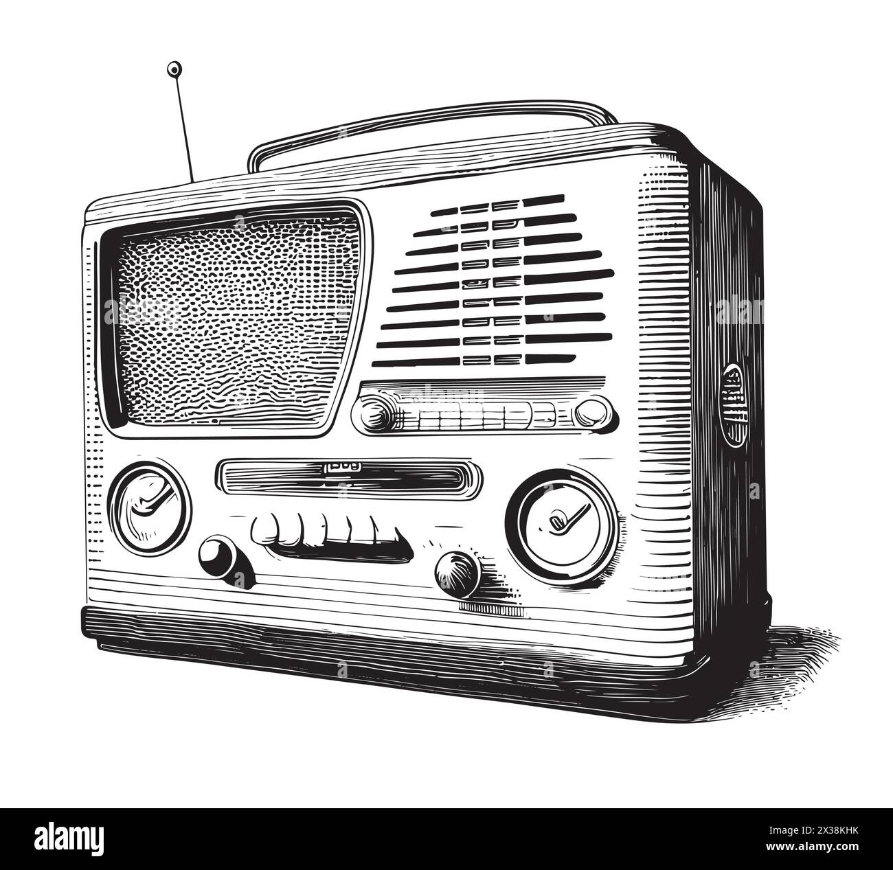 Radio vector illustration. Hand drawn linear drawing of FM tuner painted by black inks. Sketch ...
