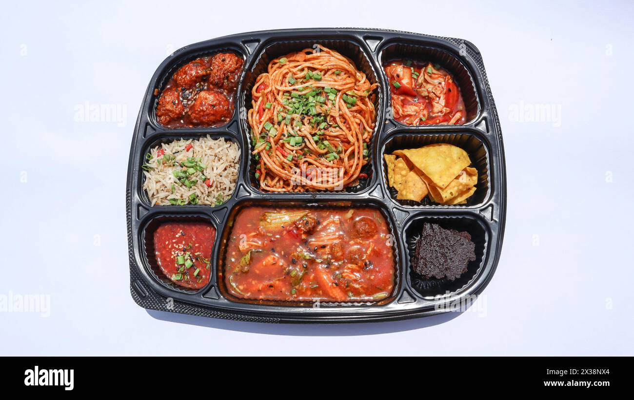 Tasty Asian platter consisting of veg fried rice, chilli garlic noodles ...