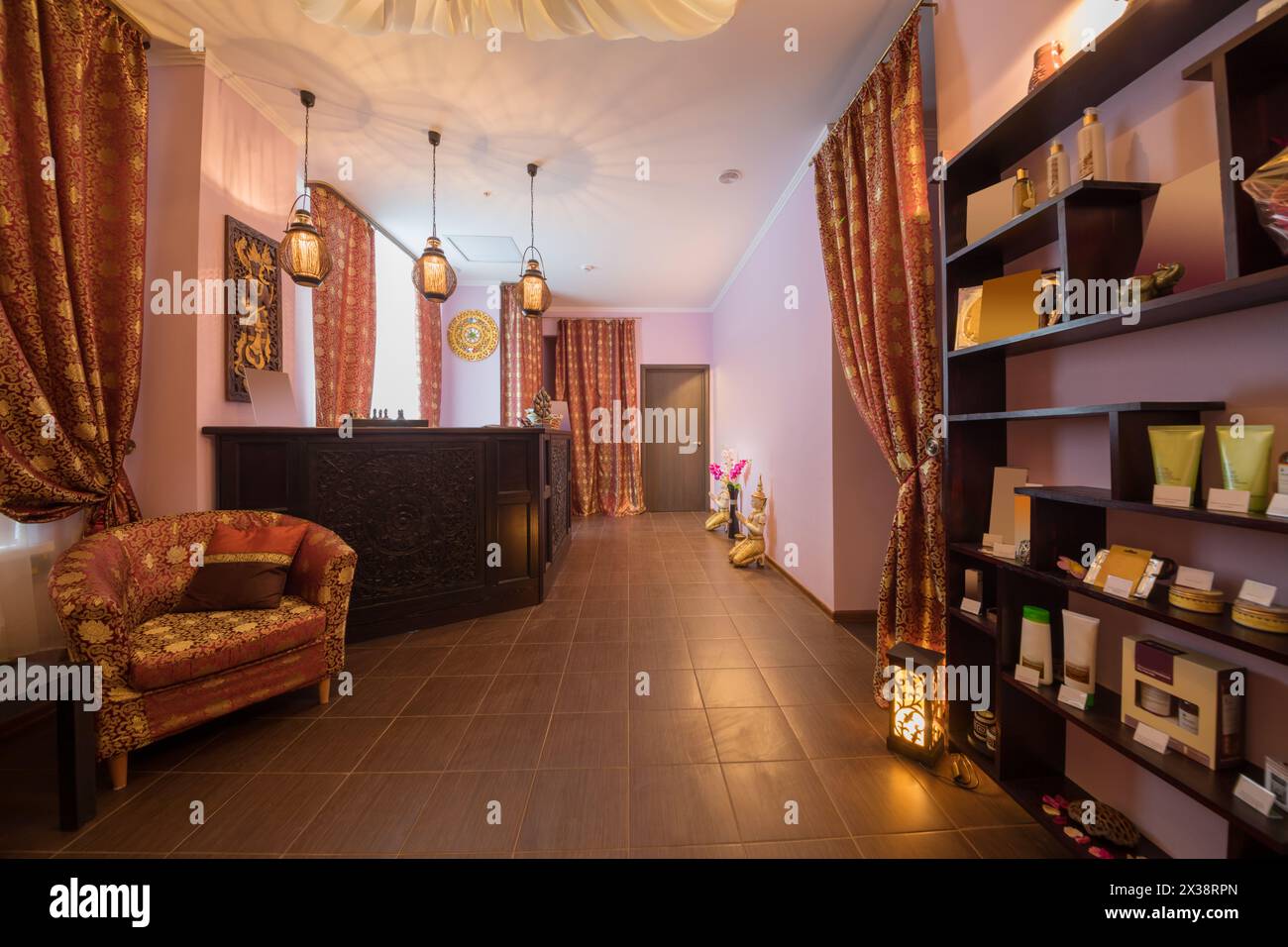 Empty reception room in thai day spa with many asian decoration Stock ...