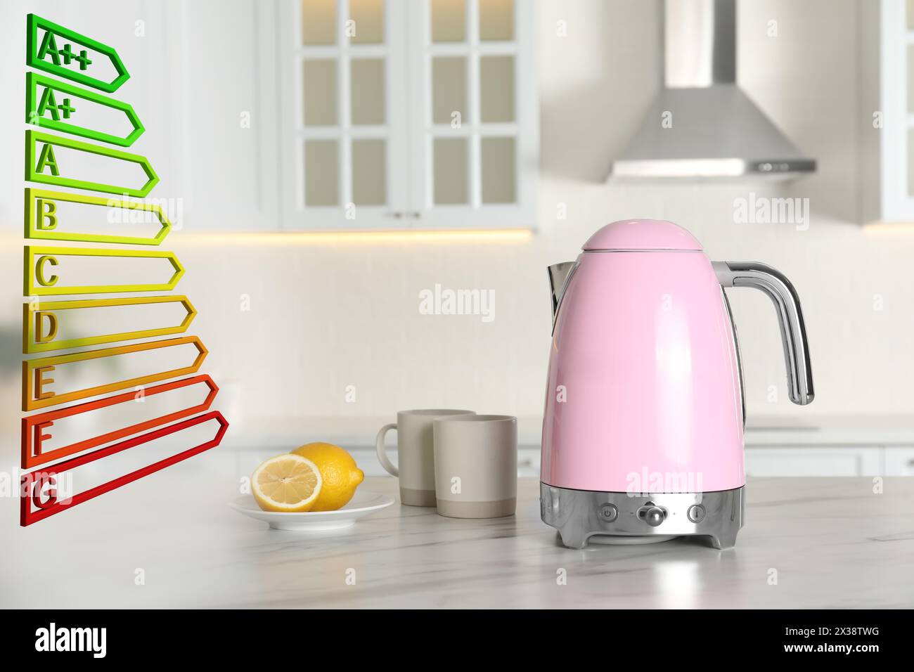 Energy efficiency rating label and electric kettle in kitchen Stock ...