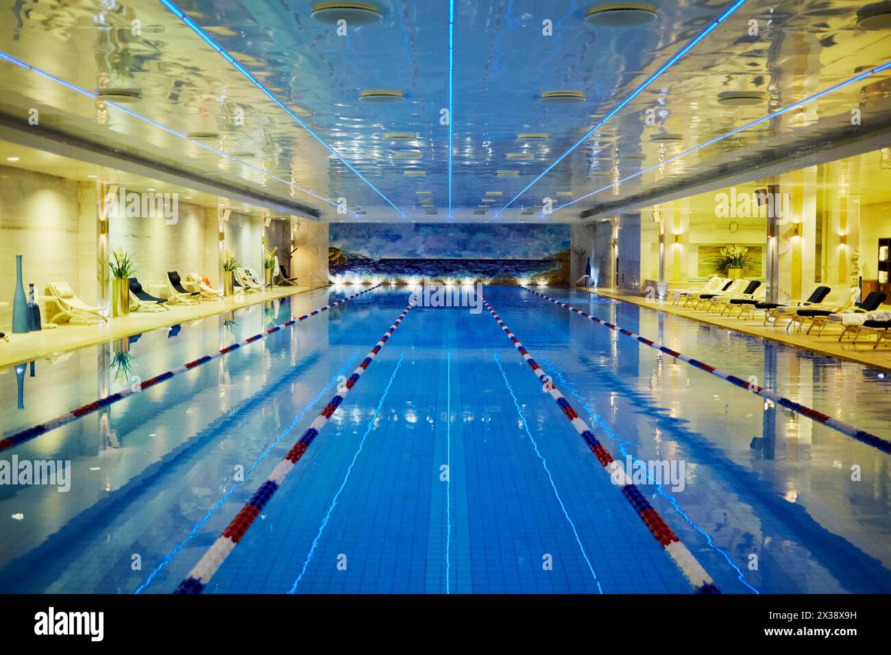 MOSCOW, RUSSIA - NOV 14, 2015: Swimming pool with dividers and lounges ...