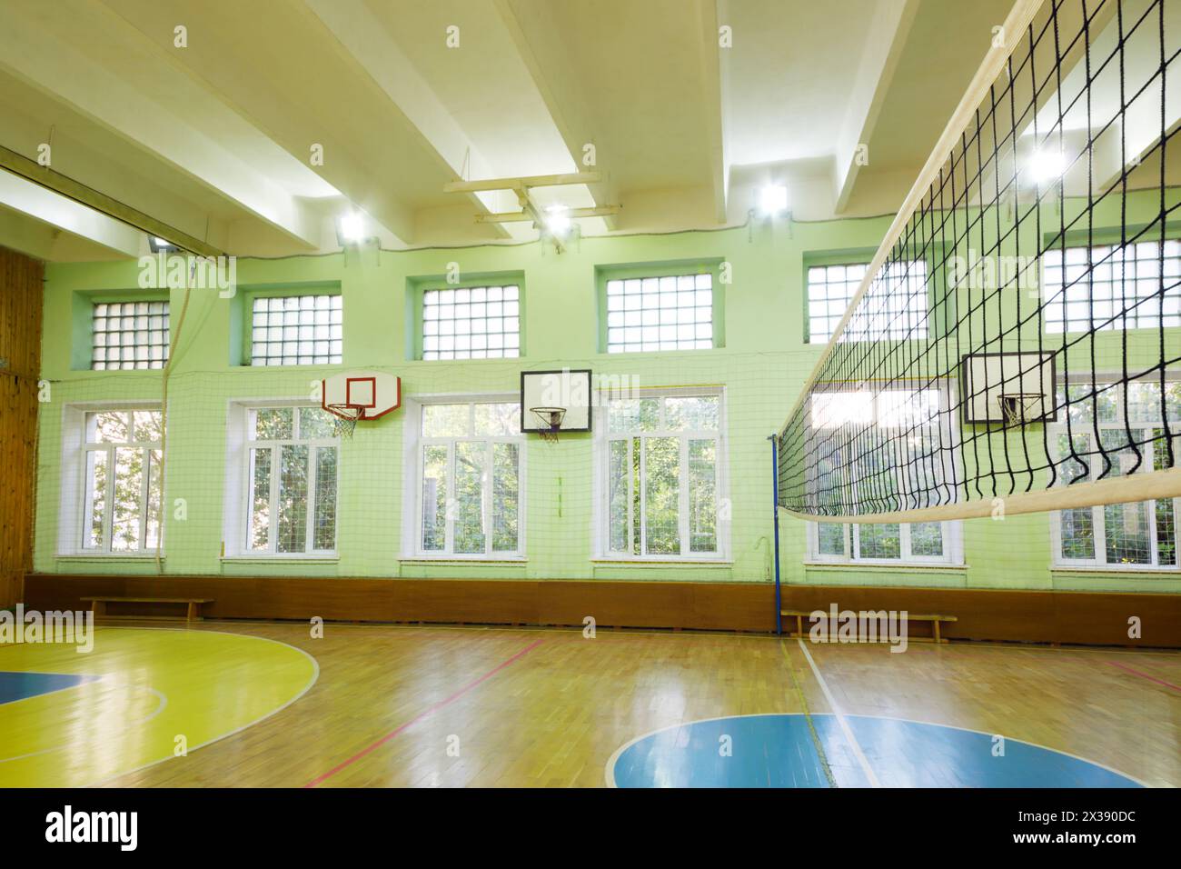 MOSCOW, RUSSIA - JUN 28, 2016: Gym with basketball hoops, volleyball ...