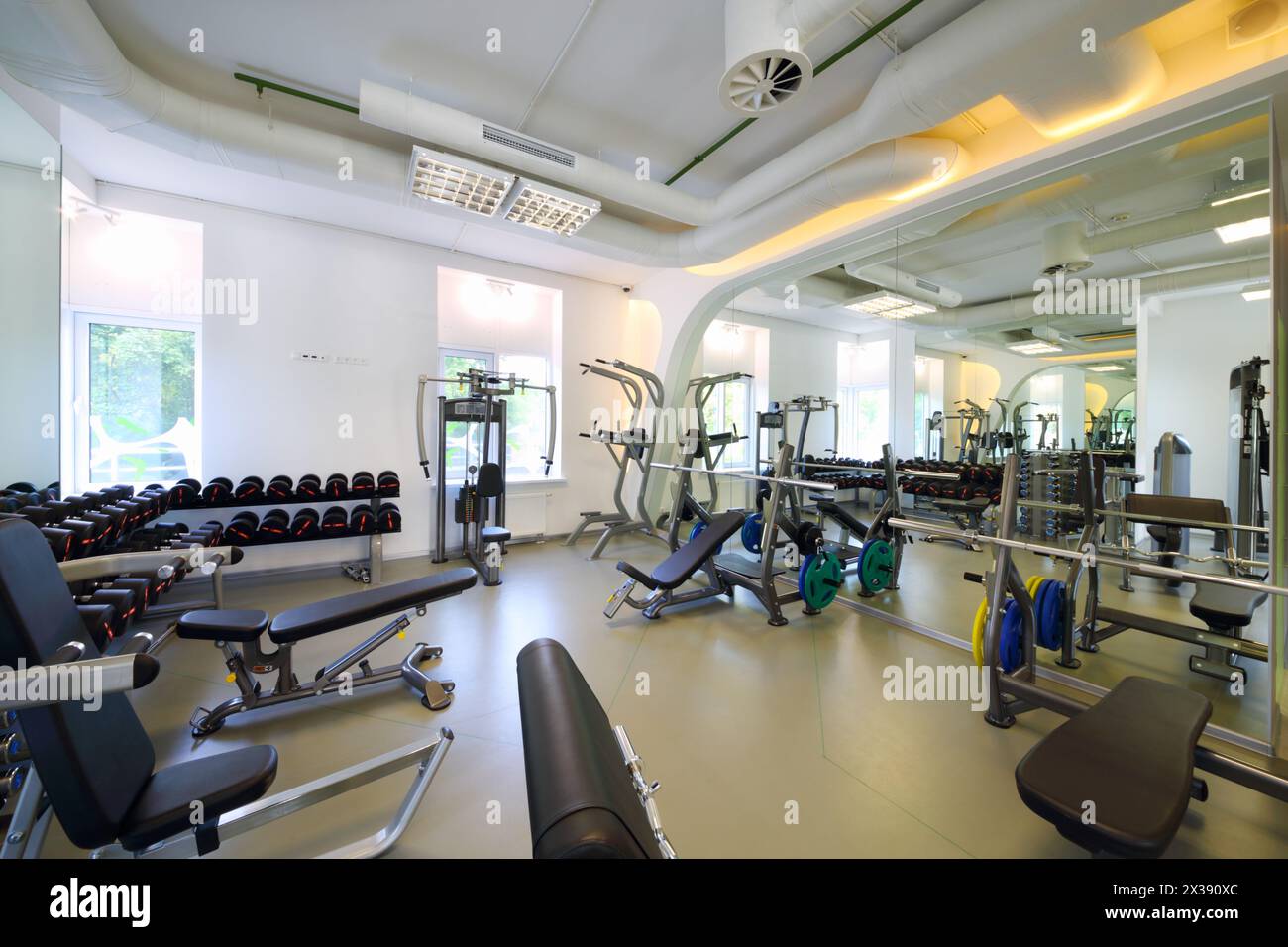 Empty modern gym with new shiny fitness equipment, dumbbell set for ...