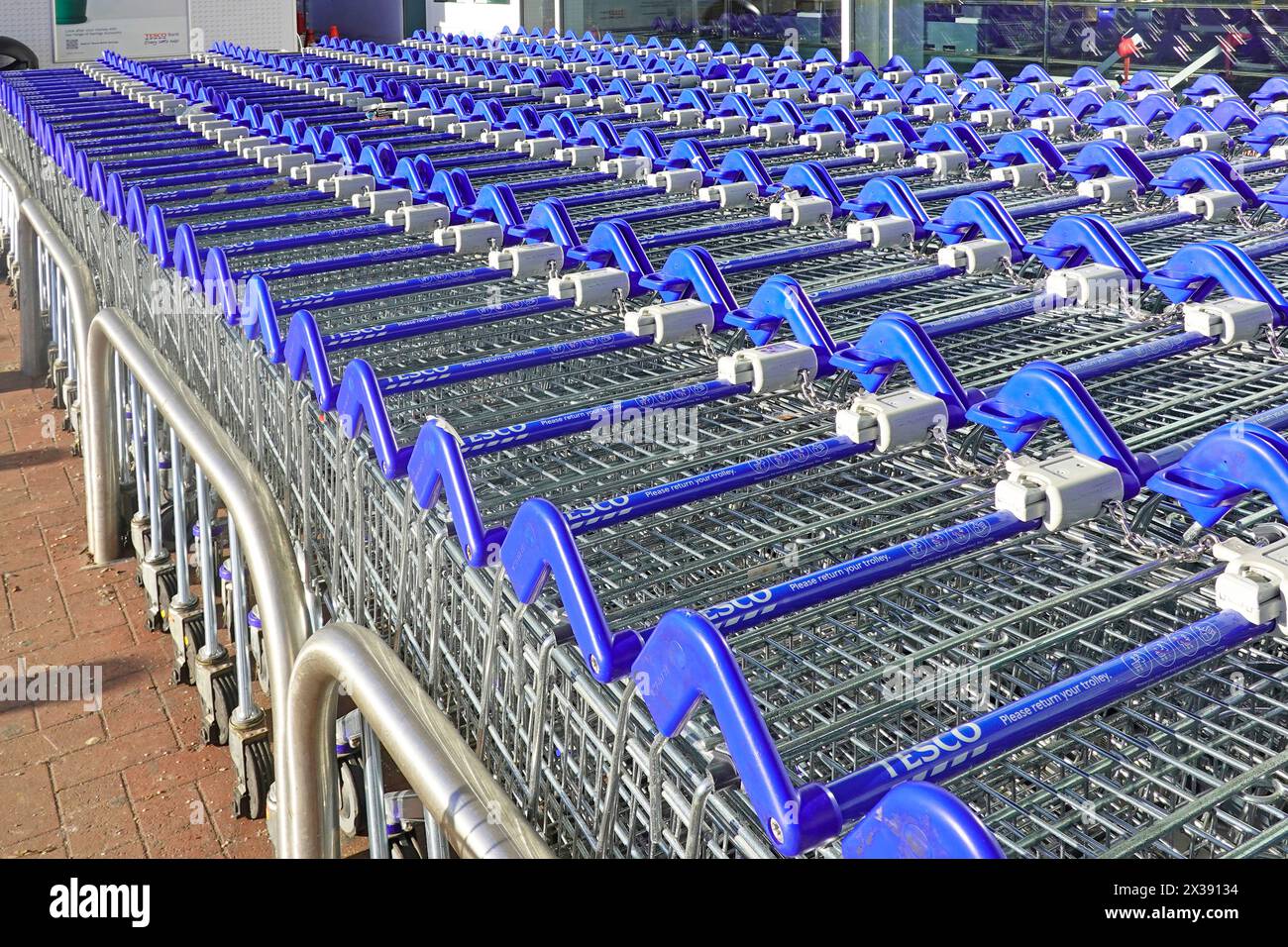 Tesco supermarket shopping trollies blue handles repetition branding ...