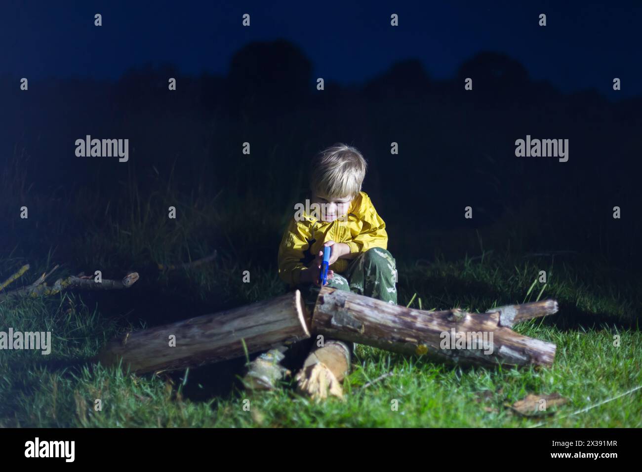 Happy little boy saws dry log at night during hike at nature Stock ...