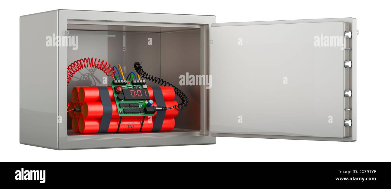 Bomb with digital clock timer inside safe box. 3D rendering isolated on ...