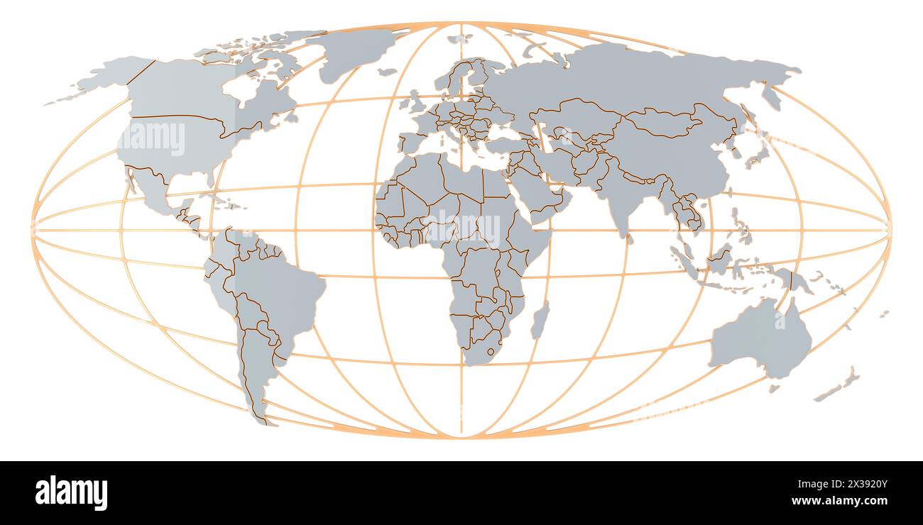 Metallic World Map, 3D rendering isolated on white background Stock ...